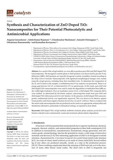 Pdf Synthesis And Characterization Of Zno Doped Tio2 Nanocomposites For Their Potential