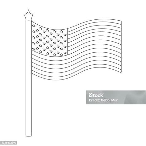 미국 국기 스케치 벡터 그림입니다 어린이를위한 색칠 공부책 별이 있는 패브릭 국가의 국가 상징은 바람에 개발 격리된 흰색 배경의 윤곽선입니다 정치적 주제 낙서 스타일 미국