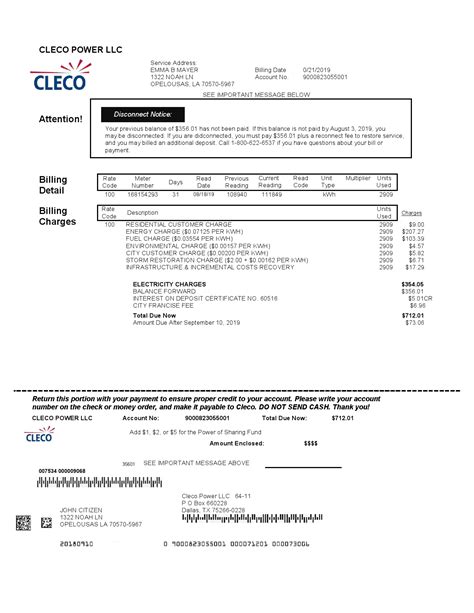 Usa Louisiana Cleco Power Electricity Utility Bill Template In Word And