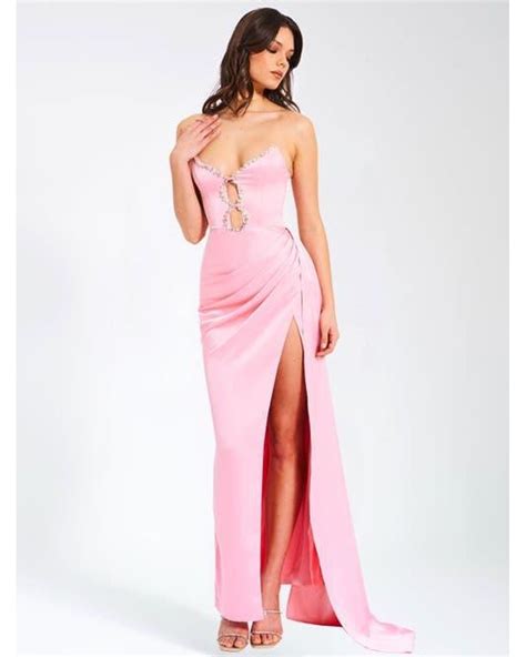 Miss Circle Marilyn Satin Crystal Embellished High Slit Gown In Pink Lyst