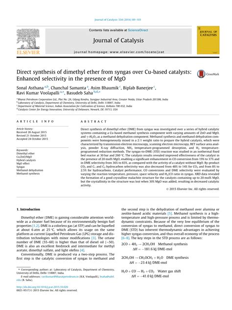 Pdf Direct Synthesis Of Dimethyl Ether From Syngas Over Cu Based Catalysts Enhanced