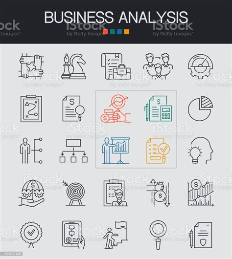 비즈니스 분석 선 아이콘 편집 가능한 획 프로젝트 관리 목표 문서 브레인 스토밍 순서도 감시에 대한 스톡 벡터 아트 및 기타 이미지 Istock