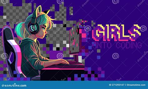 Girl Programmer With A Headset Sits In Front Of A Computer Stock Vector