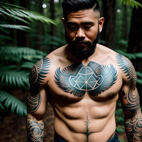 Premium Ai Image Shirtless Muscle Asian Guy With Tattoos And Beard