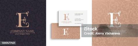 프리미엄 벡터 E 로고 몬노그램 레터링 및 명함 장미의 섬세한 우아한 꽃 무늬 엘리트 회사를 브랜딩하기 위한 개인 로고 또는 사인 벡터 디자인 0명에 대한 스톡 벡터 아트