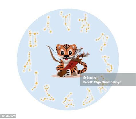 궁수 조디악 기호 점성술 기호 아이콘 벡터 만화 일러스트 별자리와 동부 새해와 호랑이 새끼 0명에 대한 스톡 벡터 아트 및 기타 이미지 Istock