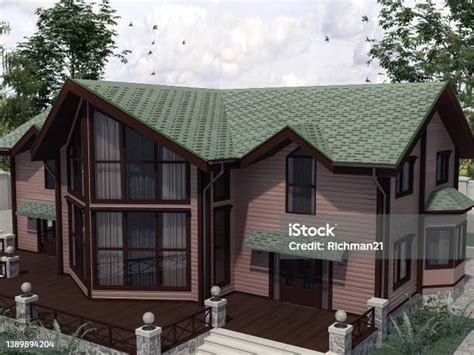 숲에 있는 시골 집의 건축 프로젝트의 3d 렌더링 녹색 지붕이있는 컨트리 하우스 0명에 대한 스톡 사진 및 기타 이미지 0명 3차원 형태 개념 Istock