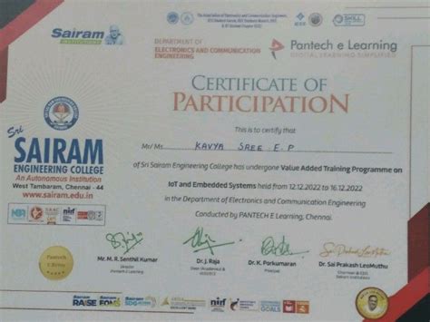 Kavya Sree E P On Linkedin Iot Embeddedsystems Certificate