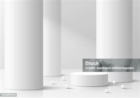 수직의 거대한 기둥이 있는 사실적인 3d 흰색 회색 실린더 받침대 연단 배경 벽 최소 장면 모형 제품 무대 진열장 화장품 배너 프로모션 디스플레이 추상 벡터 플랫폼 기둥