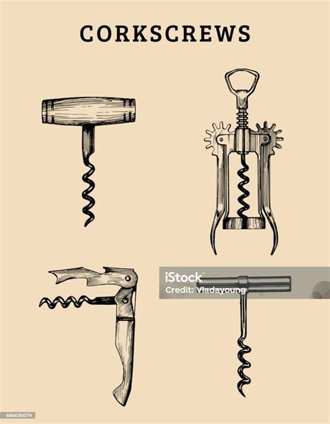 손으로 그린된 벡터 병따개 세트 스케치 스타일에 다른 회전 급강하의 복고풍 일러스트 컬렉션입니다 코르크 스크류에 대한 스톡 벡터 아트 및 기타 이미지 Istock