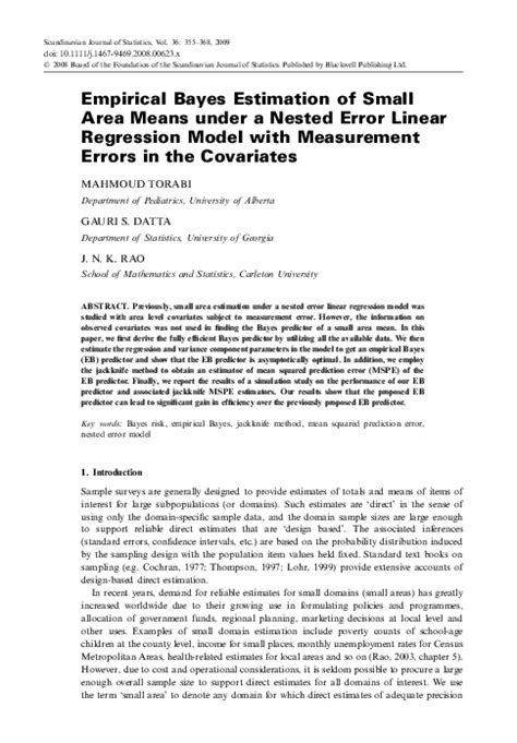 Pdf Empirical Bayes Estimation Of Small Area Means Under A Nested Error Linear Regression