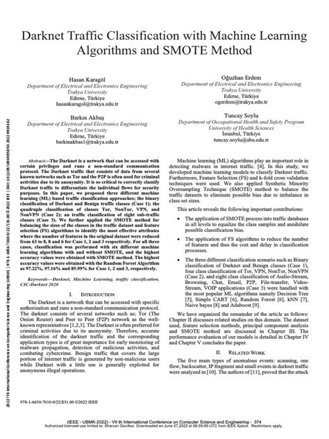 Darknet Traffic Classification With Machine Learning Algorithms And Smote Method Pdf