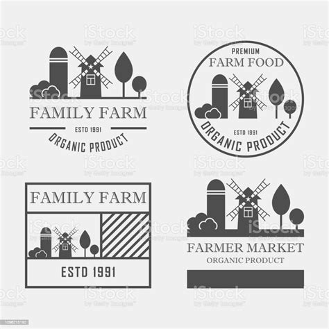 팜 하우스 개념 로고 설정합니다 팜 프리와 함께 서식 파일입니다 제품에 대 한 유기 및 자연 농장 레이블입니다 회색 배경에 절연 어둠 로고입니다 벡터 일러스트입니다 개념에