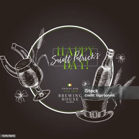 손 성 패 트 릭의 날 술집 포스터를 그려 맥주와 스낵 벡터 유리 병 오프너 호스 슈 보 리 홉 음식 모자 알코올 음료를 바 크 래 프 트 맥주 할인 배너 전단 포스터입니다