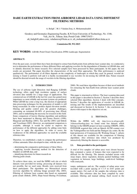 Pdf Bare Earth Extraction From Airborne Lidar Data Using Different Filtering Methods