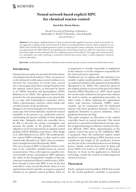 Pdf Neural Network Based Explicit Mpc For Chemical Reactor Control