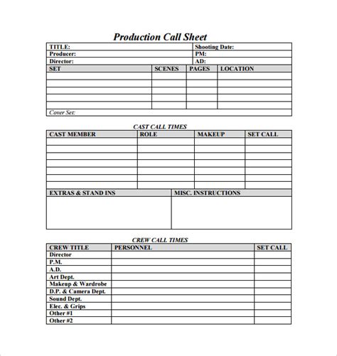 12 Call Sheet Templates Free Sample Example Format Download