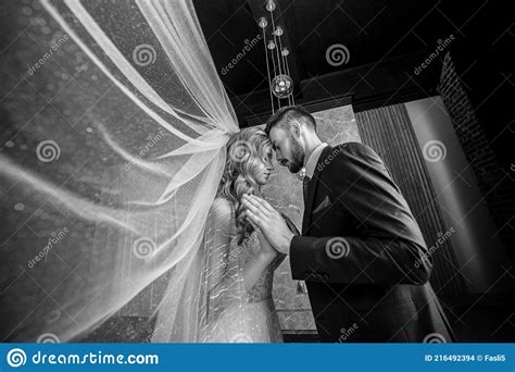 Beautiful Wedding Couple Bride With A Long White Veil And In A Wedding