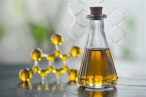 Premium Photo Laboratory Flask With Golden Liquid And Molecular Structure Creating A Vibrant