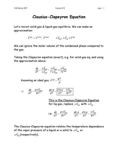 5 Thermodynamics And Kinetics Clausius Clapeyron Equation Lecture Notes Chemistry Docsity