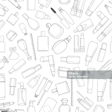 화장품으로 완벽 한 패턴입니다 립스틱의 마스카라 크림 벡터 일러스트 스케치 스타일의 메이크업 화장품에 대한 스톡 벡터 아트 및 기타 이미지 메이크업 화장품 병