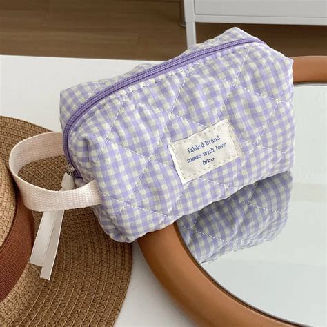 Badu Bg Винтидж флорална козметична чанта за жени Сладка карирана клъч чанта Дамска пътна чанта