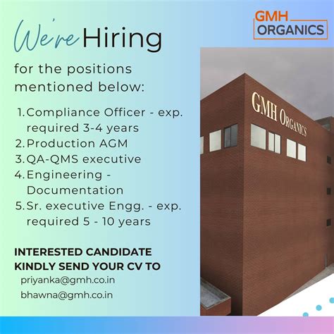 Gmh Organics Is Hiring For The Below Mentioned Post Interested