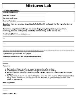 Mixtures Lab By Cindy Huffman TPT