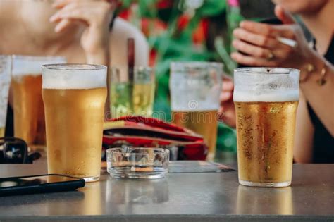 Four Cold Glasses With Beer On The Table Stock Image Image Of Cold