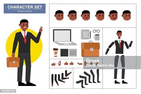 34 애니메이션 캐릭터 보기 다양한 뷰 얼굴 감정 포즈 제스처 및 사무용 도구를 갖춘 Office Man 캐릭터 생성자 만화