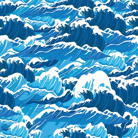 Ocean Waves Seamless Pattern Sea Wave Blue Background Wind Storm Surf Water Hand Drawn Vector