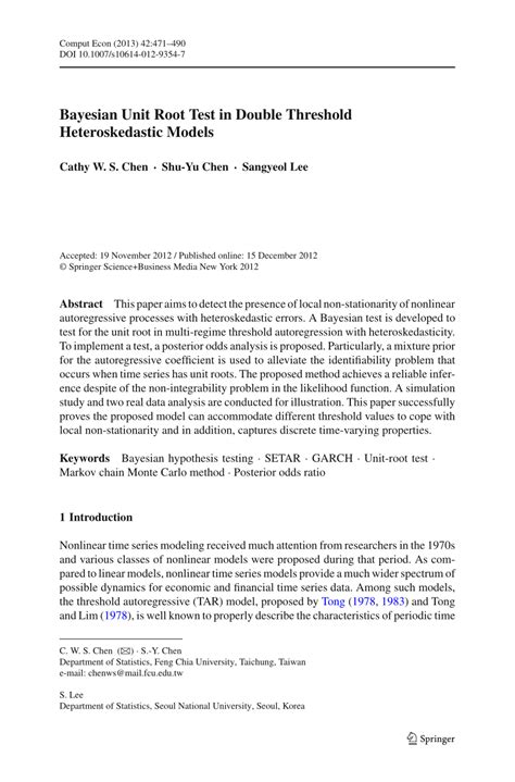Pdf Bayesian Unit Root Test In Double Threshold Heteroskedastic Models
