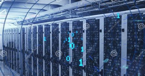 Image Of Looping Binary Codes In Circular Tunnel Over Bars On Server Racks In Server Room Stock