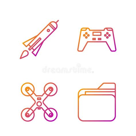 Set Line Document Folder Drone Flying Rocket Ship With Fire And Gamepad Gradient Color Icons