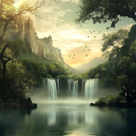 Serene Waterfall Landscape At Sunrise With Cascading Waters And Lush