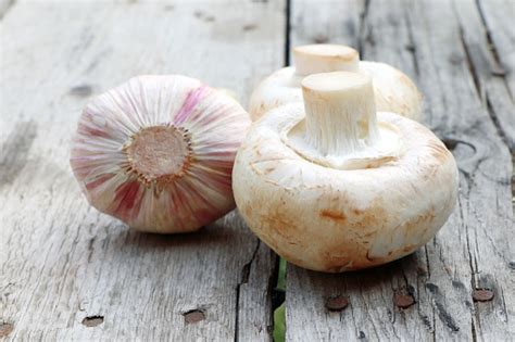 회색 나무 배경에 버섯 마늘과 레몬 돌 파란색 과 빨간색 화강암 0명에 대한 스톡 사진 및 기타 이미지 0명 갈색 건강한 식생활 Istock