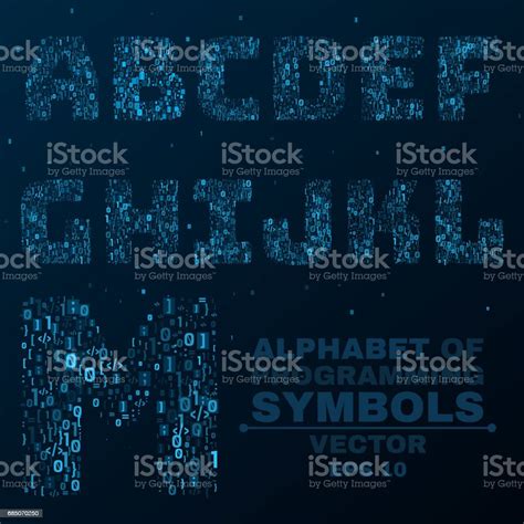 프로그램 코드의 기호에서 알파벳입니다 디자인에 프로그래밍 빛나는 편지는 파란색 A B C D 벡터 일러스트 레이 션 개념과 주제에 대한 스톡 벡터 아트 및 기타 이미지