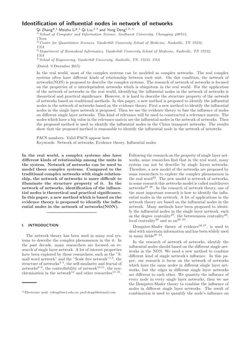 Pdf Identification Of Influential Nodes In Network Of Networks
