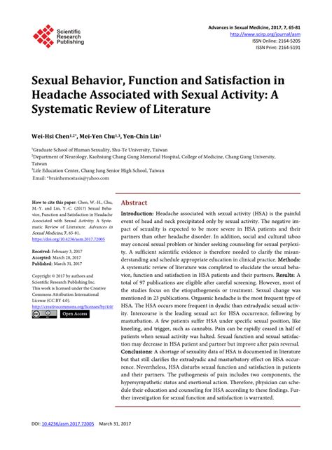 Pdf Sexual Behavior Function And Satisfaction In Headache Associated