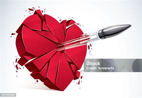 총알 총 총 심장 조각에 폭발 하는 상징의 3d 현실적인 벡터 일러스트와 함께 깨진 심장 떨어져 침입의 창의적인 아이디어를 사랑 헤어 하트 모양에 대한 스톡 벡터 아트 및