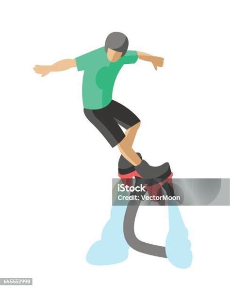 익스트림 스포츠 플라이 보드 여름 액션 스플래시 액티브 맨 플랫 벡터 일러스트 물 플라이 선박 추진 곡예 모터 제트 팩 워터 젯 스피드 플라이보드에 대한 스톡 벡터 아트 및