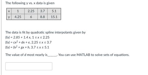 Solved The Following Y Vs X Data Is Given X 1 225 3751 Y