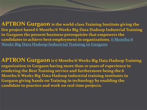 Ppt 6 Months6 Weeks Big Data Hadoop Industrial Training Course Aptron Gurgaon Powerpoint