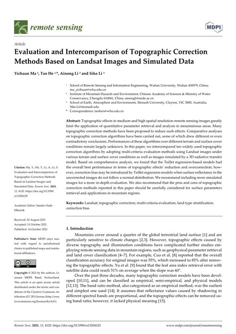 Pdf Evaluation And Intercomparison Of Topographic Correction Methods Based On Landsat Images