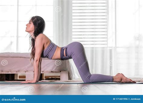 Attractive Asian Woman Practice Yoga Cat Cow Pose To Meditation In
