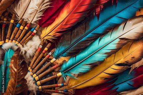 Close Up On Colorful Feathers On Apache Native American Indian Headdress Tribal Feather Hat