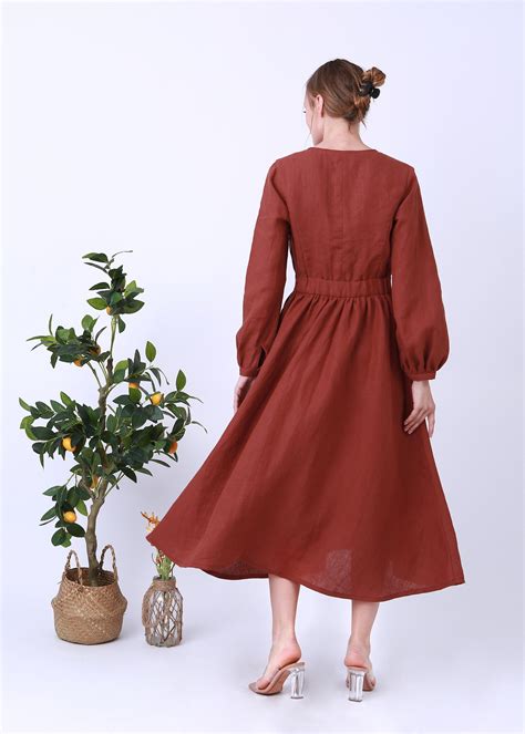 Rust Red Dress Linen Long Dress Long Sleeve Dress With Pockets Bridesmaid Dress Classic Linen