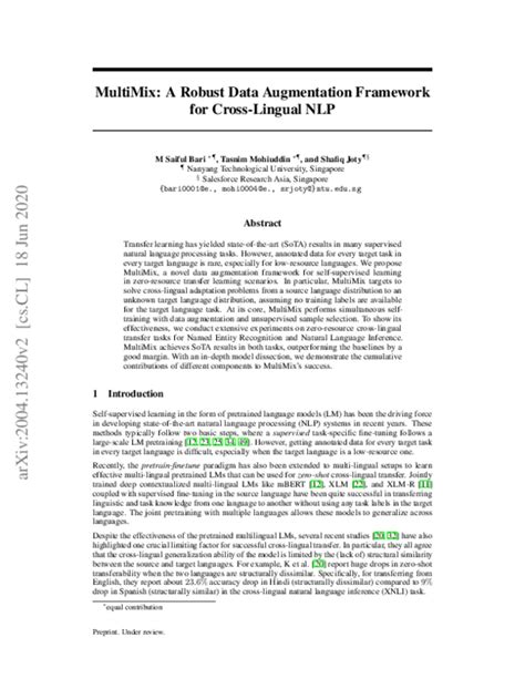 Pdf Multimix A Robust Data Augmentation Framework For Cross Lingual Nlp