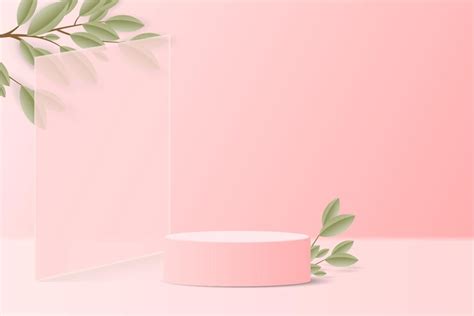 나무 가지 잎과 직사각형 유리 모양으로 현실적인 3d 분홍색 실린더 포디움 기단 스탠드 프리미엄 벡터