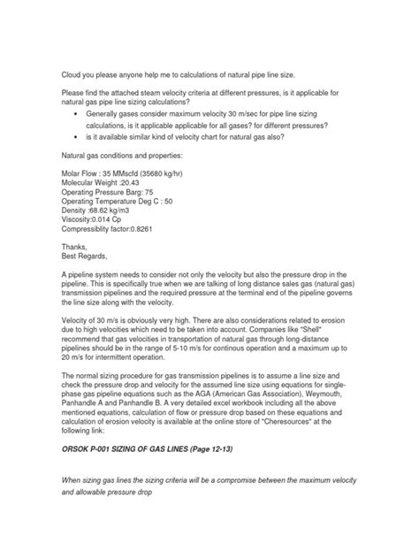 Velocity In Pipeline For Natural Gas Pdf Gases Pressure